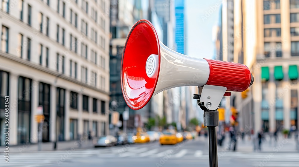 Red megaphone on urban street with modern city buildings in the ...