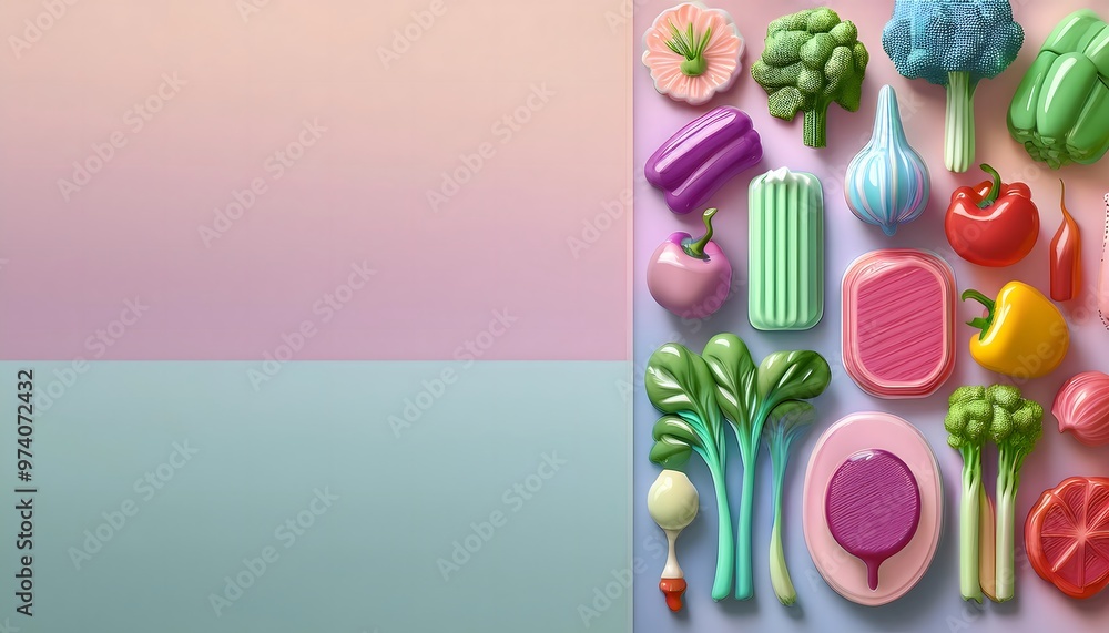 3D illustrations of meat, vegetables, bell peppers, tomatoes, onions ...