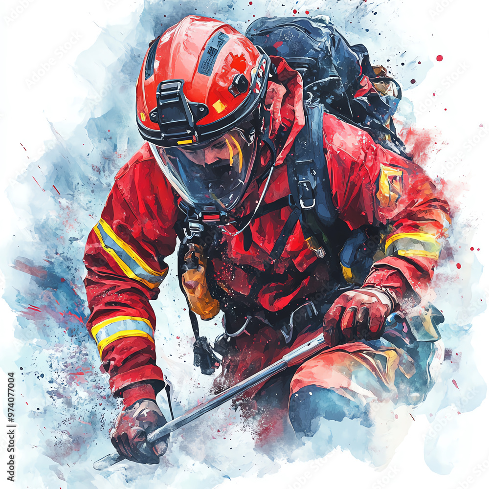 A watercolor of brave firefighter in full gear works diligently ...