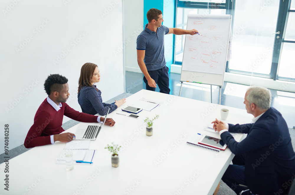 Business man, pitch meeting and presenter with board data with ...