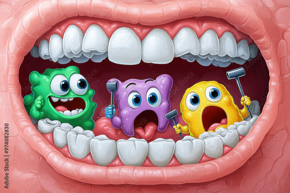 Cartoon depiction of happy bacteria and monsters enjoying a playful ...