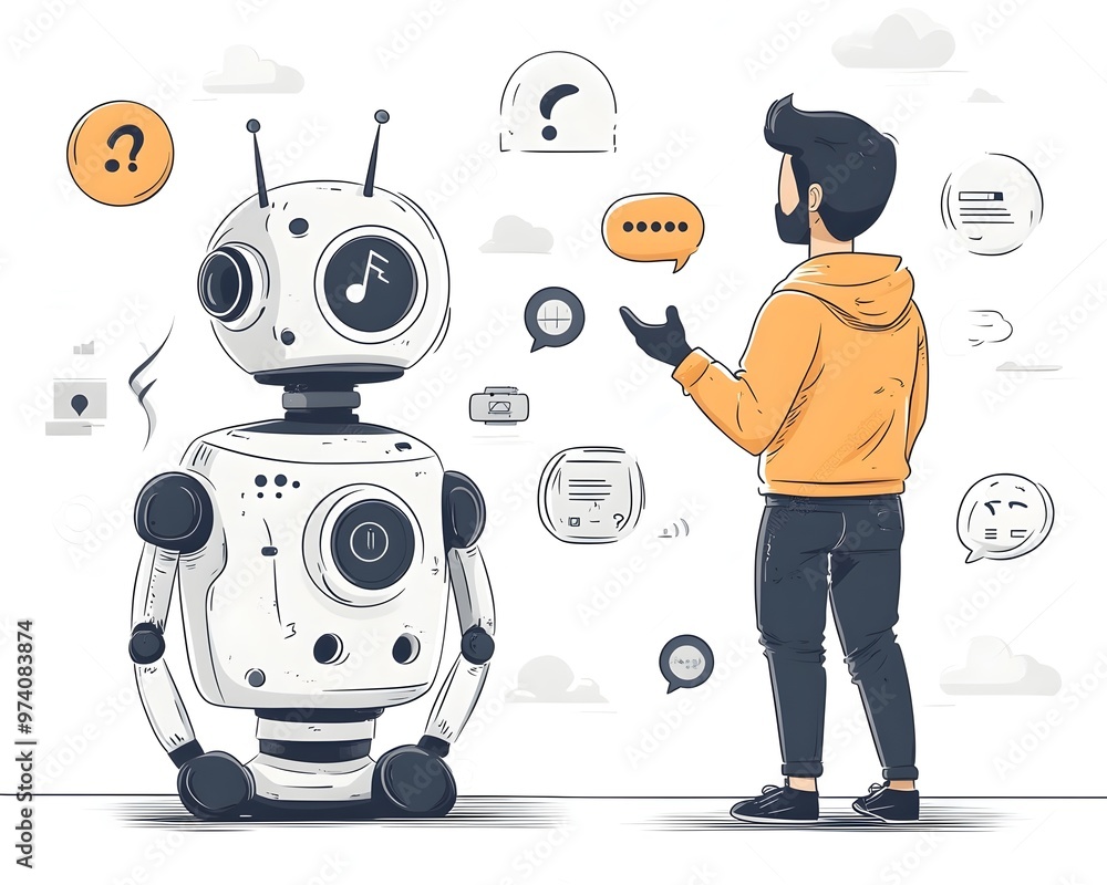cartoon vector illustration of a man asks a question to artificial intelligence bot. message ...