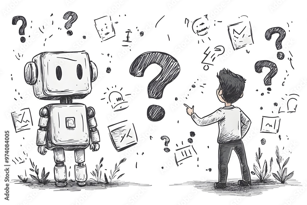 cartoon vector illustration of a man asks a question to artificial intelligence bot. message ...