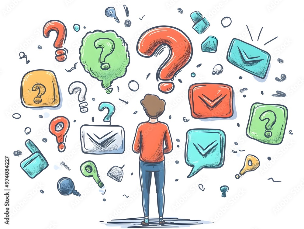 man with message icon, question marks, exclamation marks, thinking ...