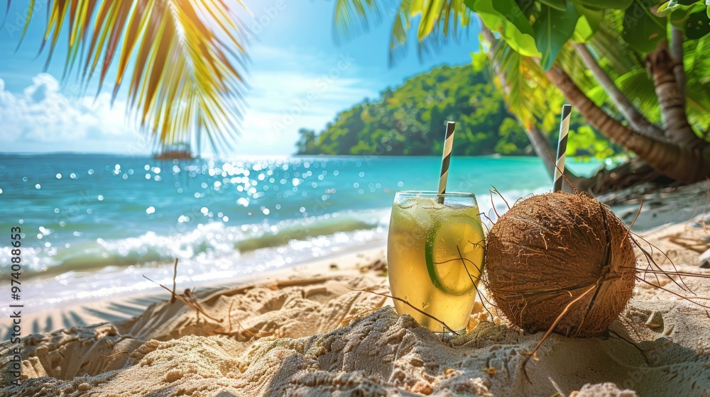 Coconut juice on sandy beach, Fresh Tender coconut water with tropical ...