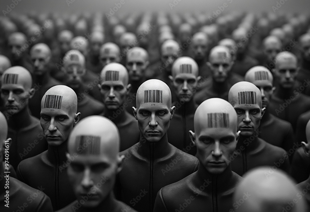 A dystopian and dehumanizing vision of a large crowd of identical bald ...