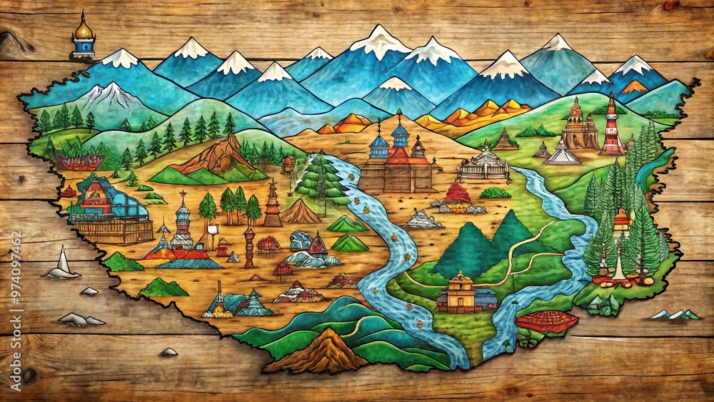Colorful hand-drawn map of Nepal with intricate illustration of ...