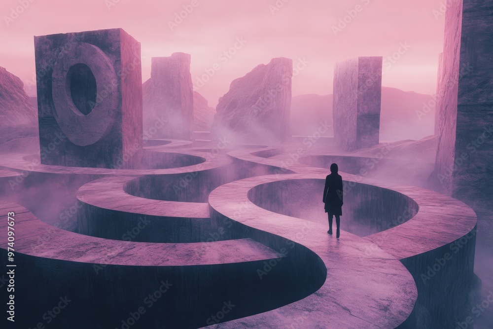 A maze that represents the subconscious mind. Include elements like ...