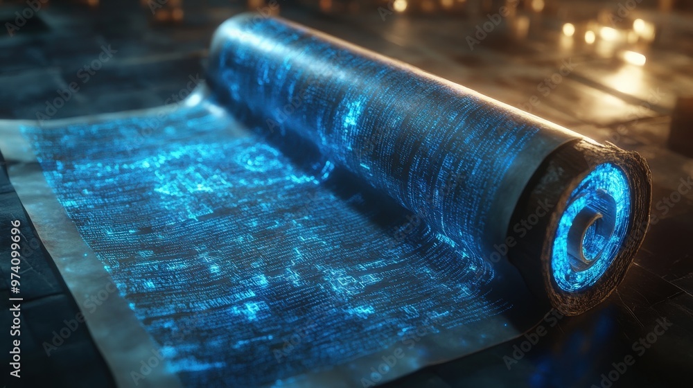 3D render of a traditional parchment scroll transitioning into a ... 3D render of a traditional parchment scroll transitioning into a ...