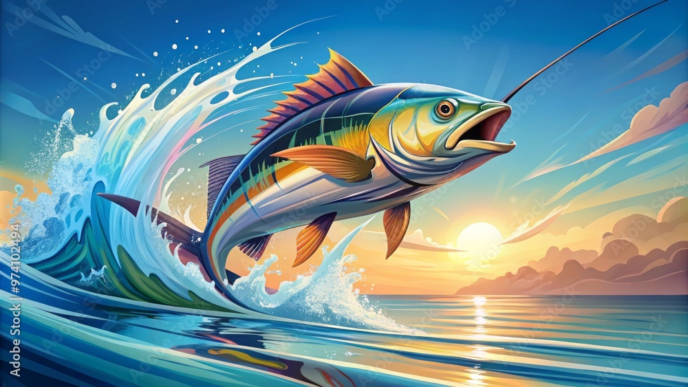 Colorful illustrative vector graphic depicting a stylized fish leaping ...