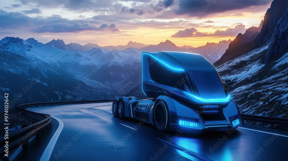 Futuristic Blue Electric Truck Concept on Mountain Road At Dusk ...