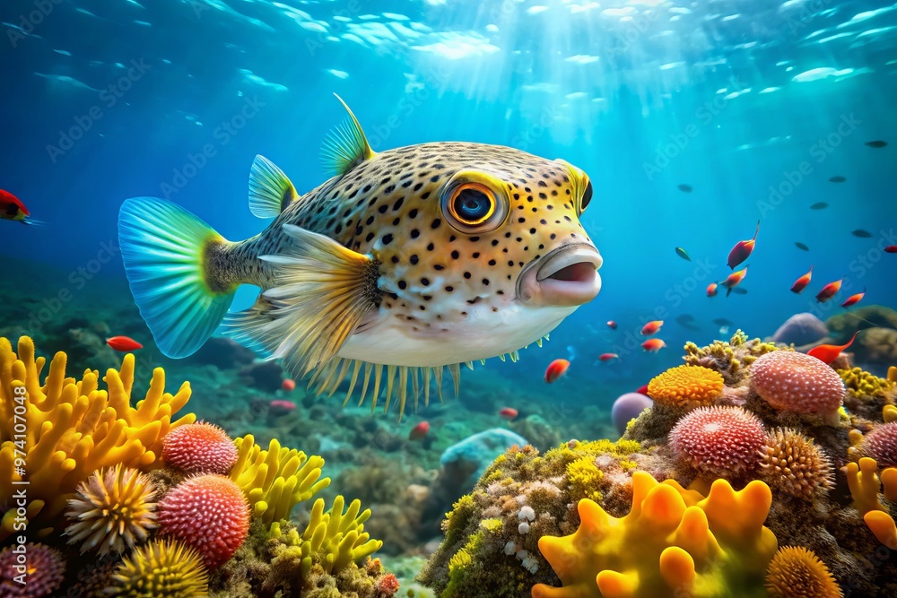 Colorful puffer fish swims in a vibrant coral reef, its inflated body ...