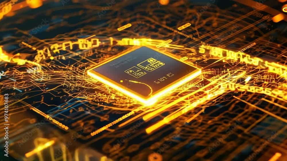 Glowing microchip rotates in holographic matrix. Golden interface ...