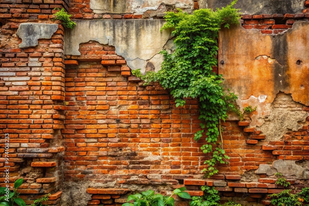 Weathered, rusty-red brick wall with crumbling mortar, worn corners ...