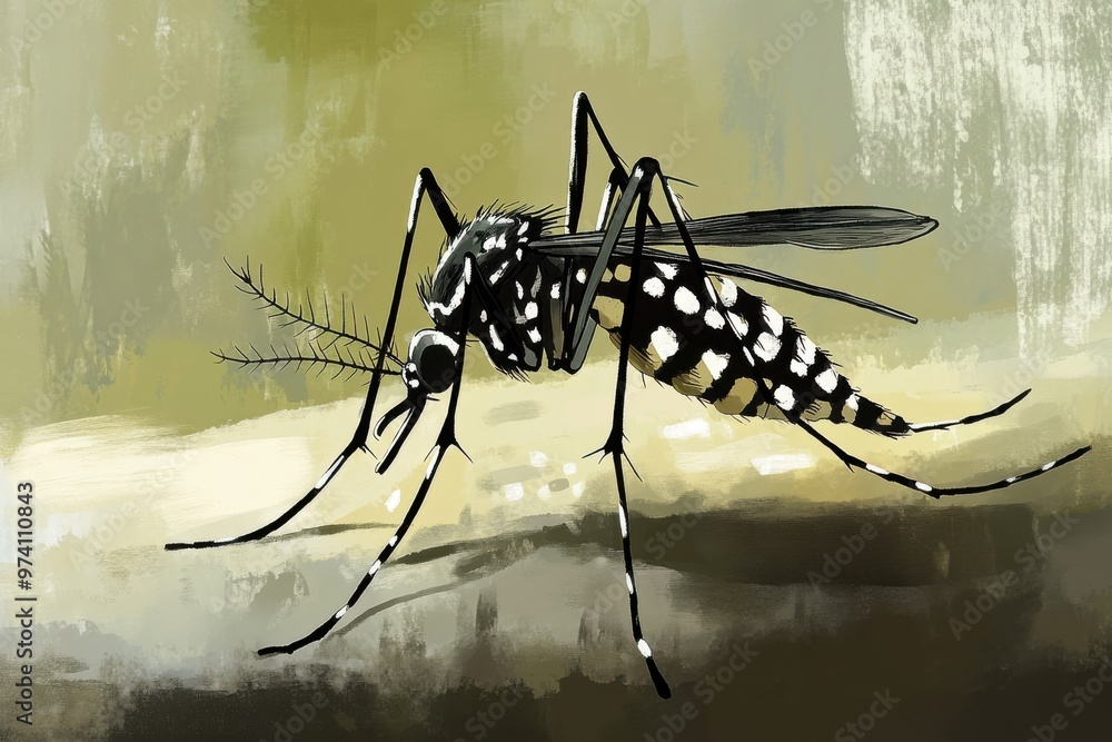 A detailed illustration of an Aedes mosquito resting on a surface, with ...
