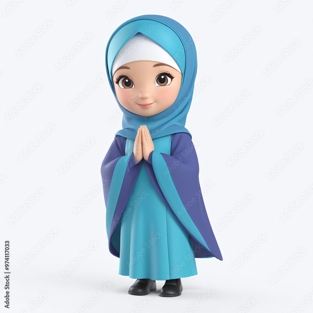 3D cute moslem girl character praying pose welcome pray, ramadhan ...