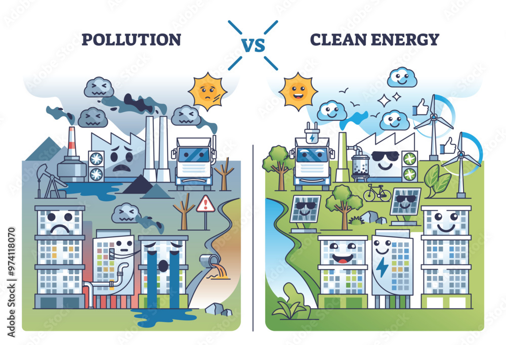Pollution and carbon vs clean, green energy in kid friendly outline ...