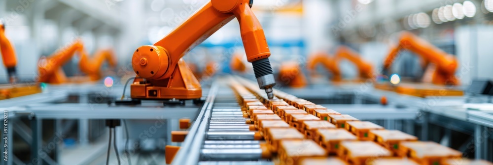 Multiple industrial robotic arms operating on a conveyor belt in a ...