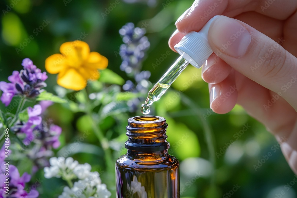 Hands carefully holding a dropper above a vial of homeopathic medicine ...