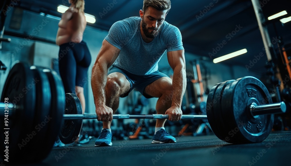 A focused athlete lifts a heavy barbell in a gym, showcasing strength ...