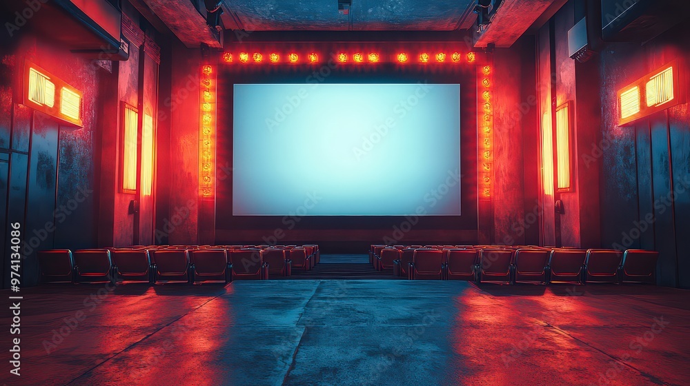 Dark, futuristic cinema hall illuminated by red neon lights, creating a ...