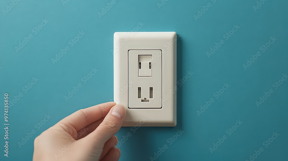 Hand plugging into a white wall socket on a blue background. A simple ...
