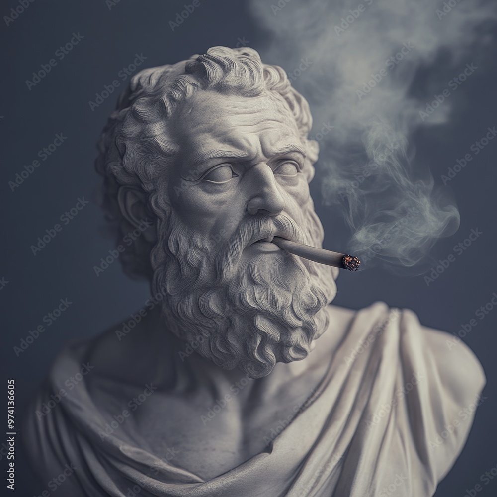 This image depicts a classic marble sculpture of an ancient philosopher ...