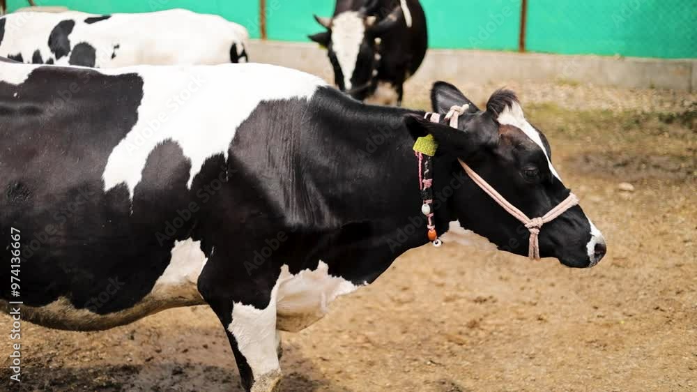 Our Holstein Friesian cow enjoys a peaceful walk around the cowshed, a ...