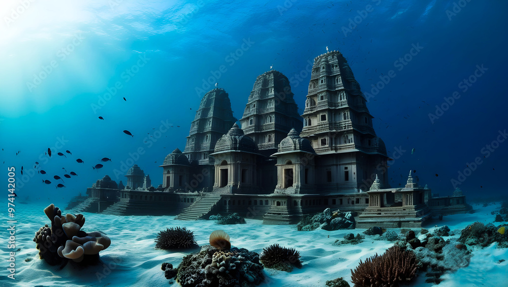 Ancient underwater Lord Krishna Dwarka temple submerged in deep ocean ...