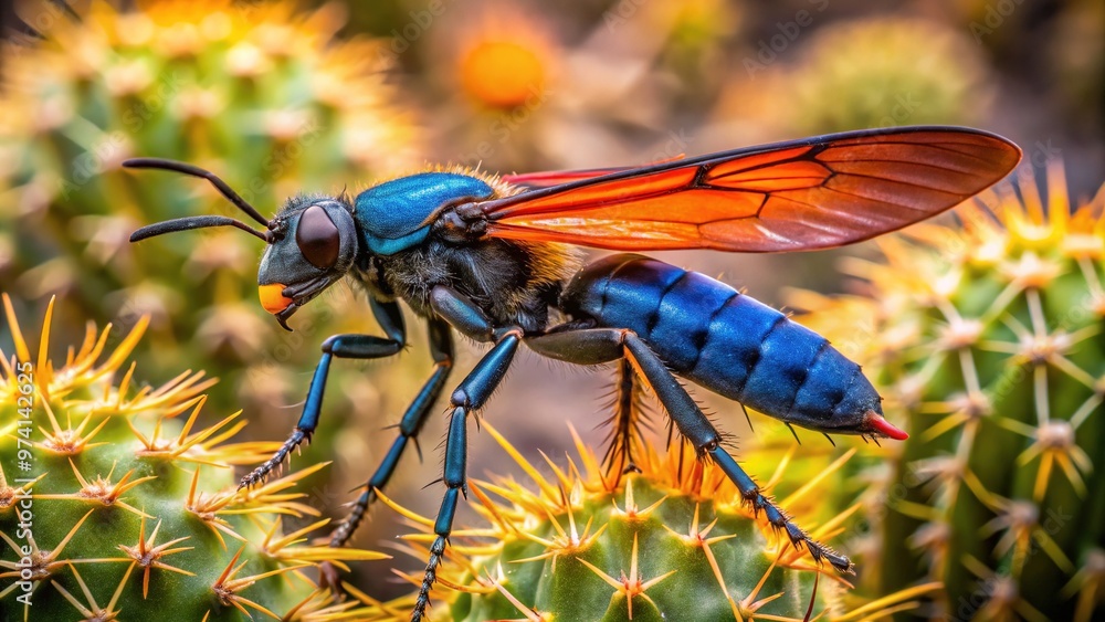 A solitary male tarantula hawk wasp, with its striking blue-black body ...
