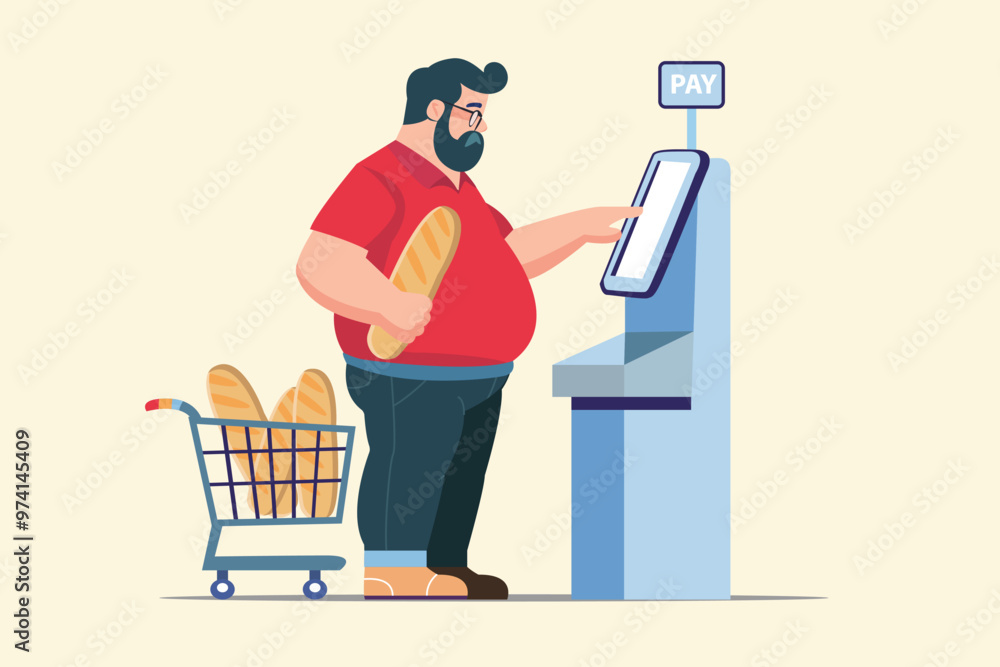 economy crisis concept. chubby father - fat man paying at machine. self ...