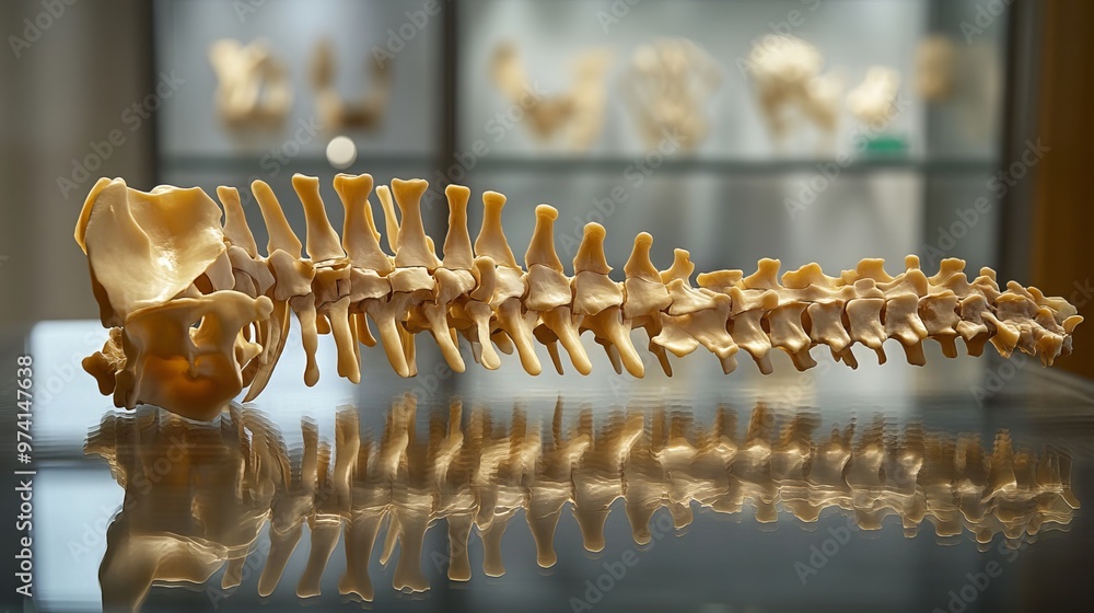 A complete human spine skeleton model is displayed on a glass table ...