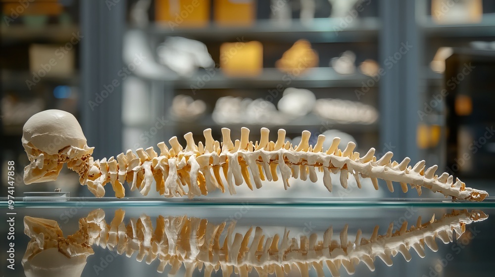 A complete human spine skeleton model is displayed on a glass table ...