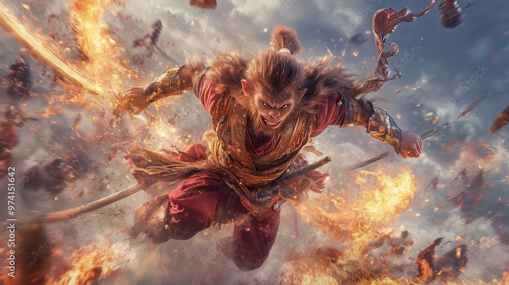 Dynamic Wukong Warrior in Fiery Battle Scene - Epic Fantasy Art of the ...