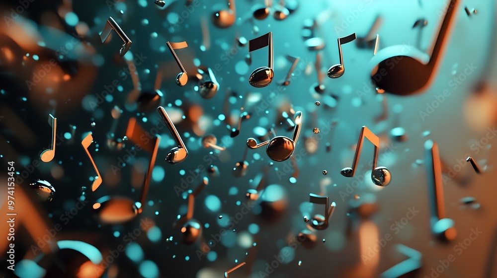 Abstract 3D shapes with embedded music symbols, such as notes and clefs ...