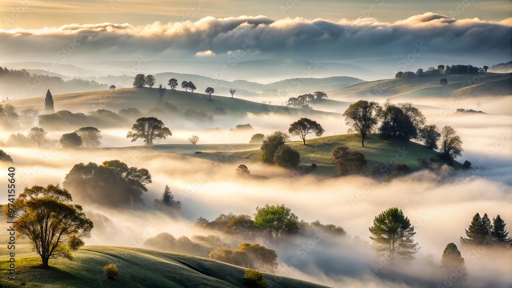 Dense, eerie tule fog envelops a misty rural landscape, shrouding trees ...