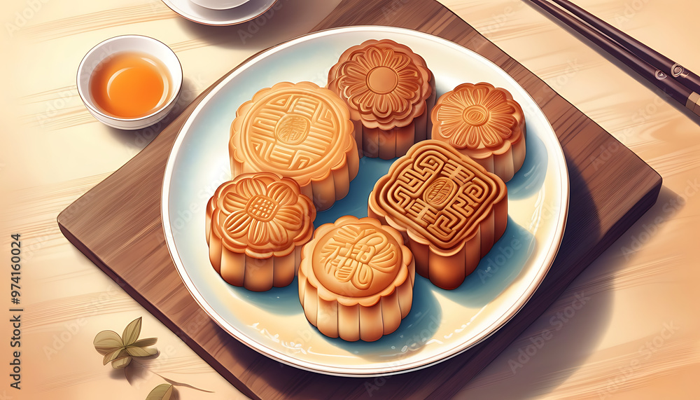 Mid-Autumn food, egg yolk mooncake tempting display. Stock Illustration ...