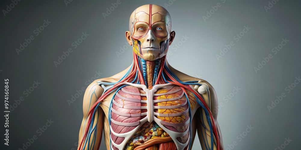 Detailed, lifelike anatomical model of the human body, bisected to ...