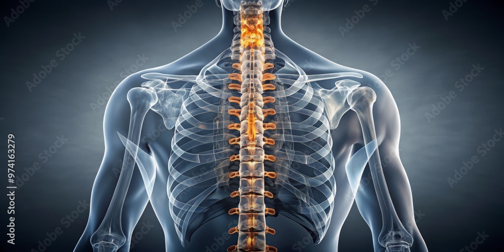 Detailed X-ray image of the human spine, showcasing vertebrae, discs ...