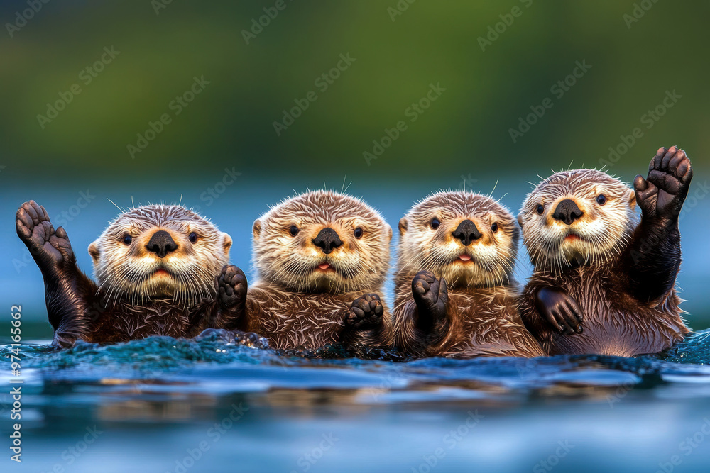 Four baby otters are swimming in the water and waving at the camera ...