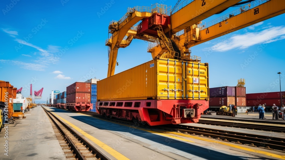 Crane operating to lift container in active railroad yard for efficient ...