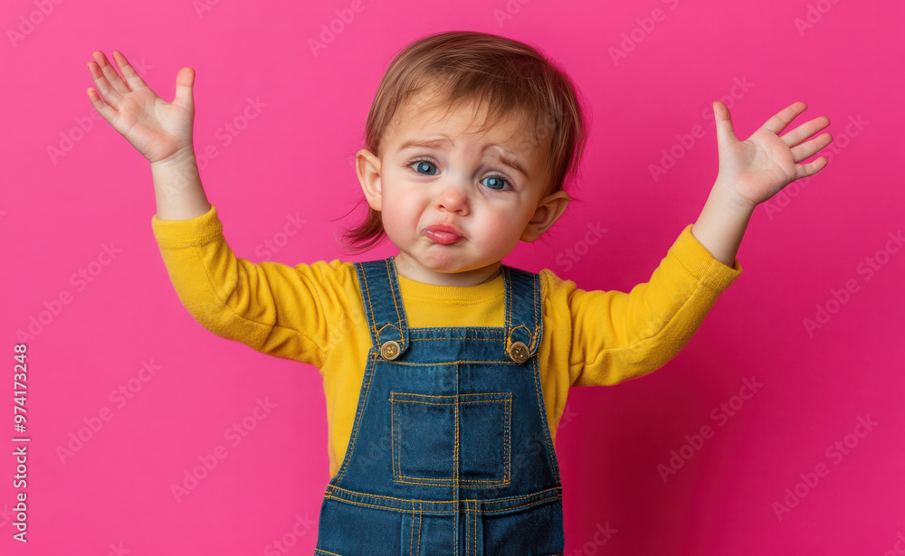 Unhappy and dissatisfied toddler baby isolated on a pink studio ...
