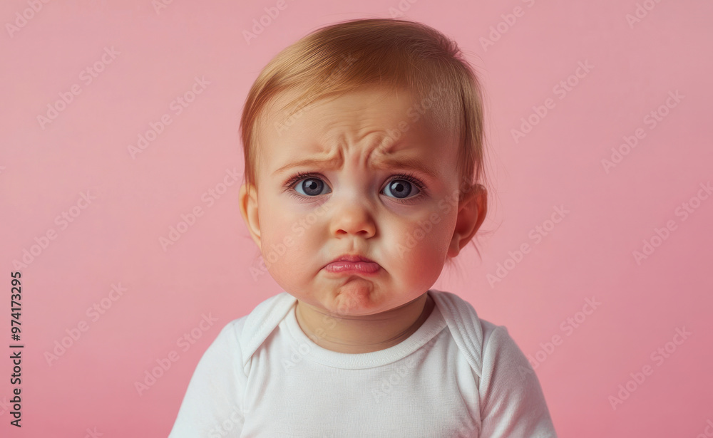 Unhappy and dissatisfied toddler baby isolated on a pink studio ...