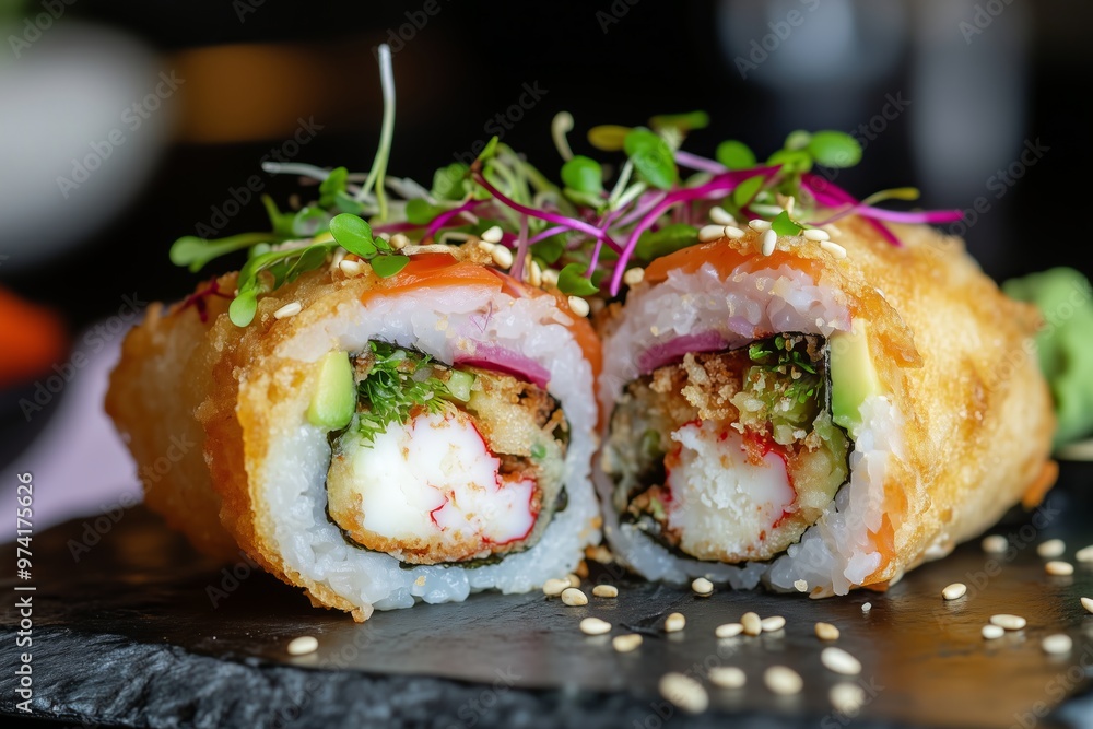 tempura sushi roll cut in half, revealing the fresh seafood, avocado ...
