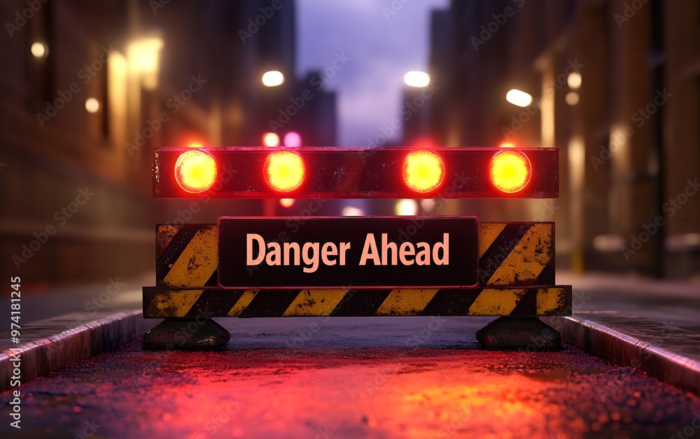 Futuristic Barricade with Flashing Lights and "Danger Ahead" Sign in Realistic 3D Rendering ...