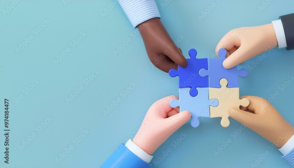 Collaborative teamwork concept, individuals connecting puzzle pieces, symbolizing productive ...