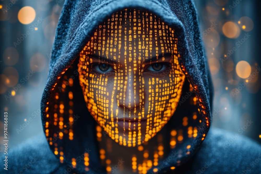 Rear view of a hacker in a dark room with computer screens, highlighted ...