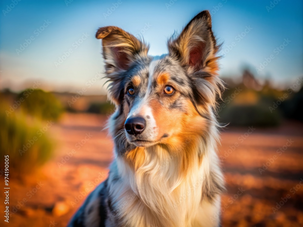 Fluffy blue merle Australian Koolie dog stands alert on sun-kissed ...