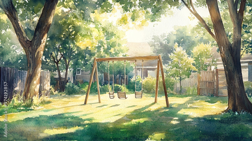 Capture a nostalgic scene from a worms-eye view, showcasing a swing set ...