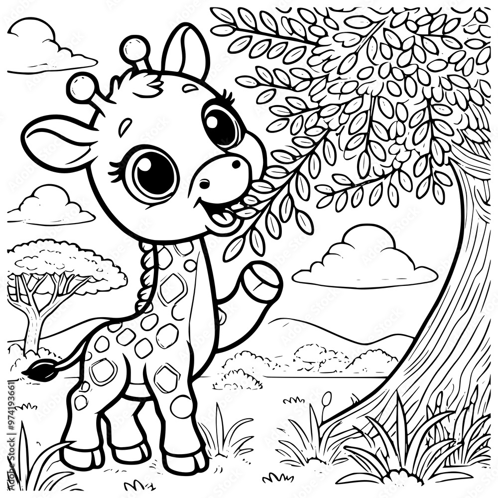Adorable Cartoon Giraffe Eating Leaves from Tree in Savanna Simple ...